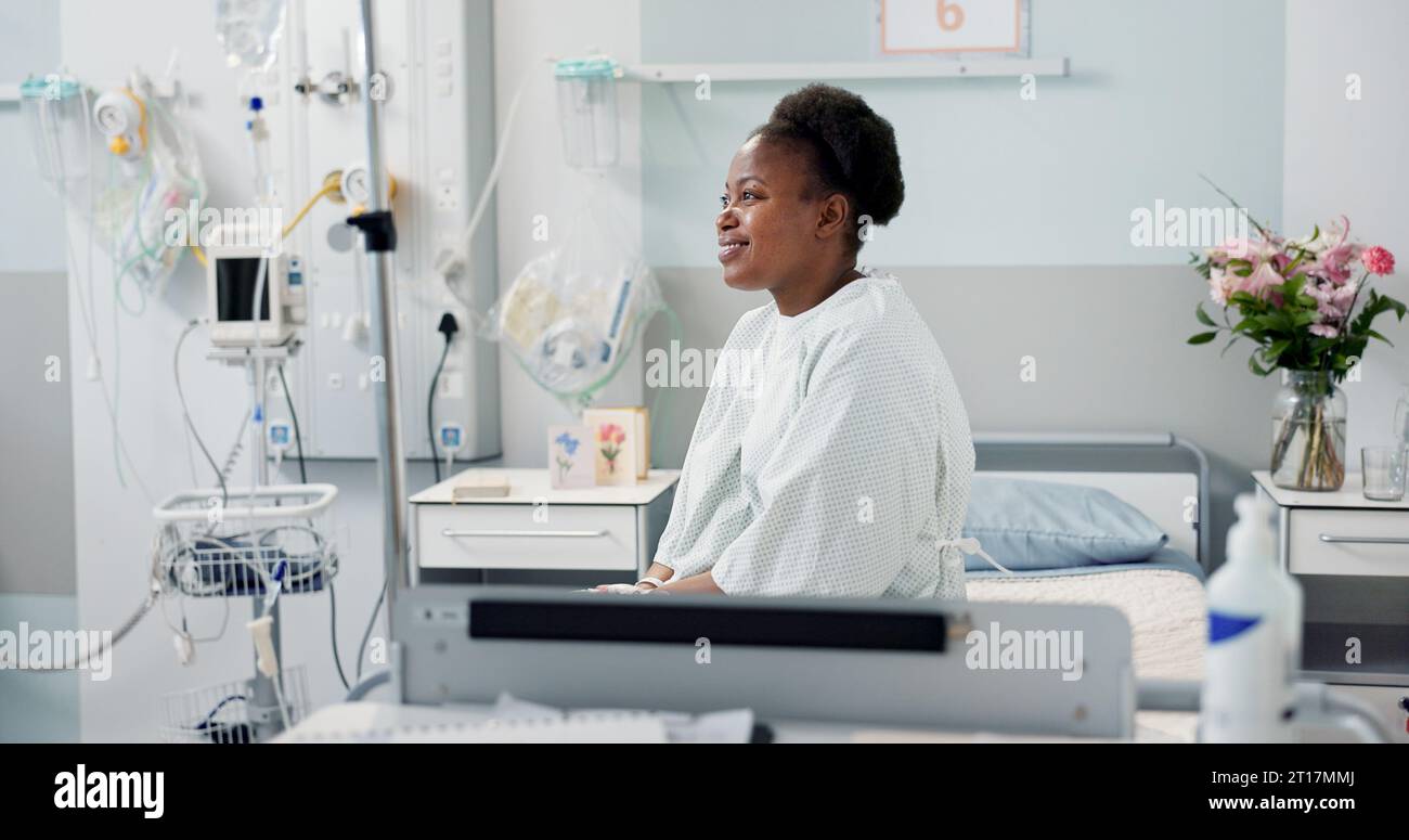 Patient, hospital and happy on bed with recovery, illness and accept ...