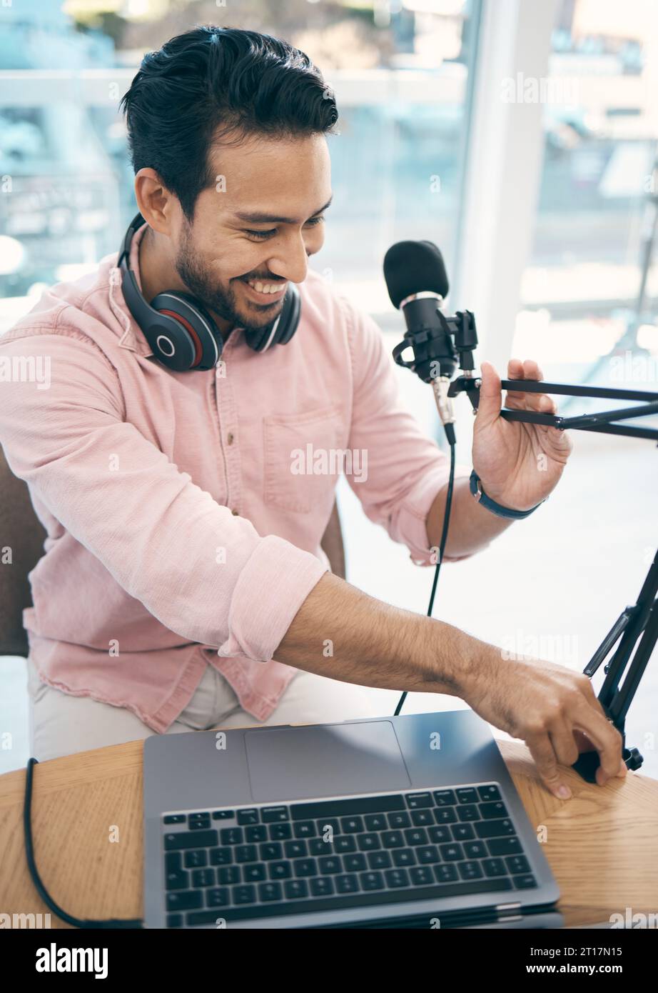 Communication microphone, podcast speaker and happy man, content ...