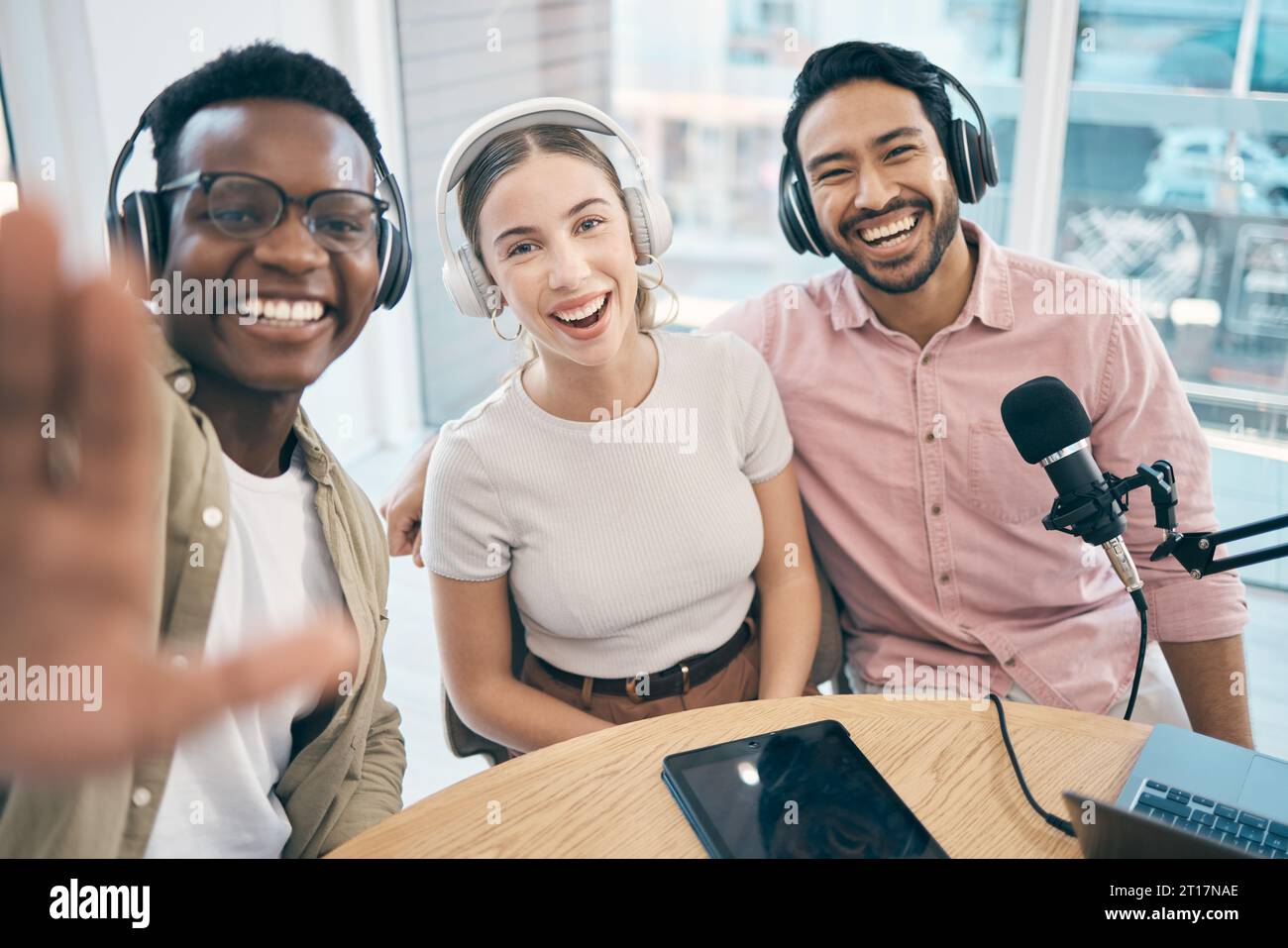 Podcast, portrait and group selfie of happy friends together, live ...