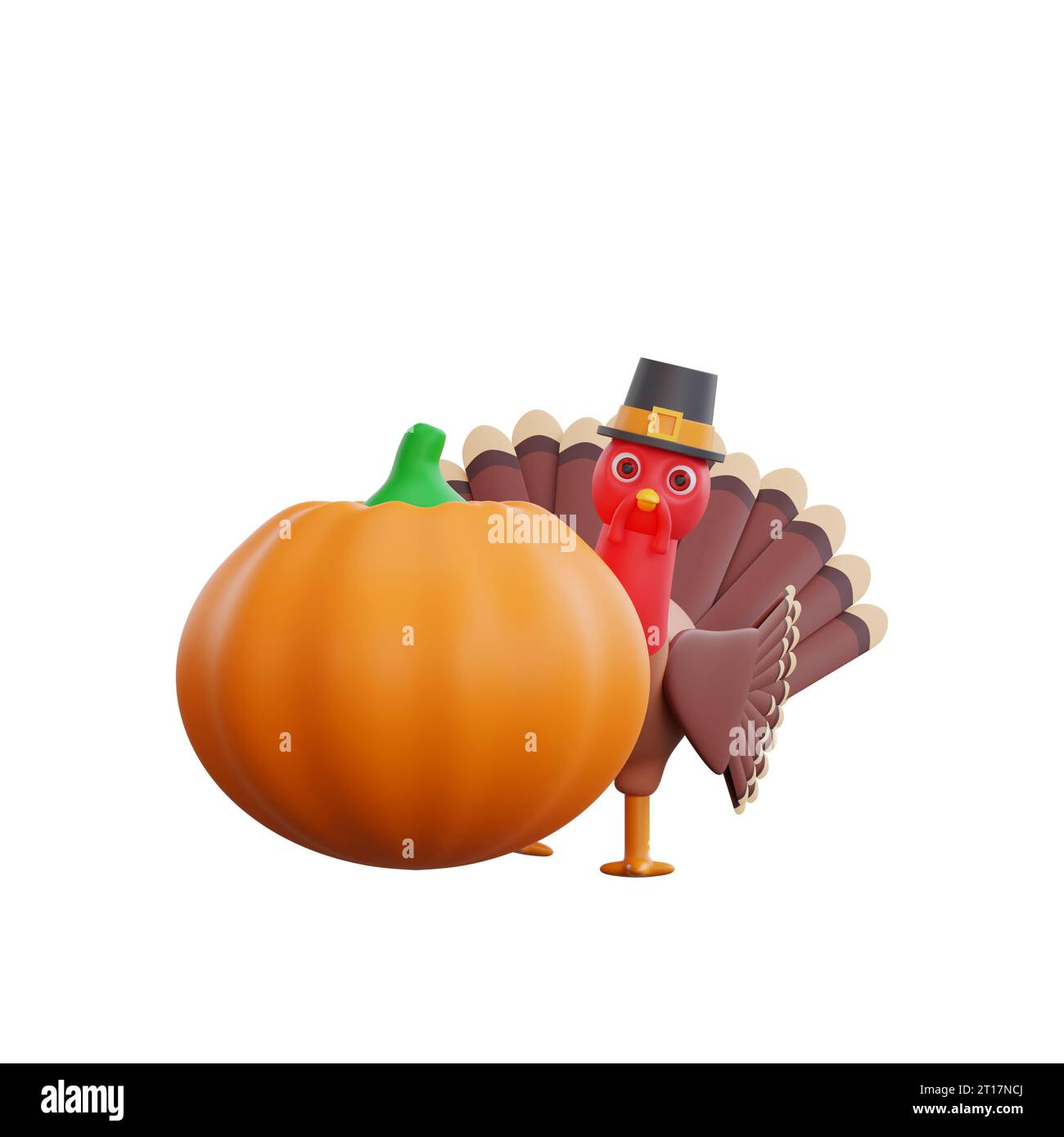 3D turkey wearing a hat and standing behind a large pumpkin. The ...