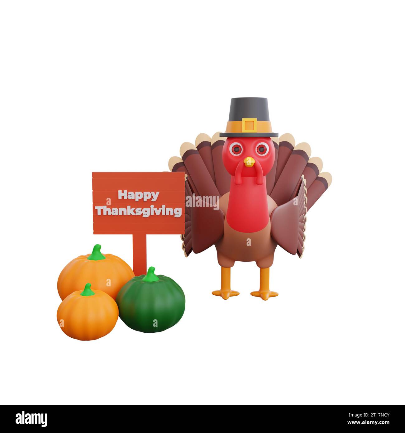 3d turkey wearing a pilgrim hat and standing next to a sign that reads ...