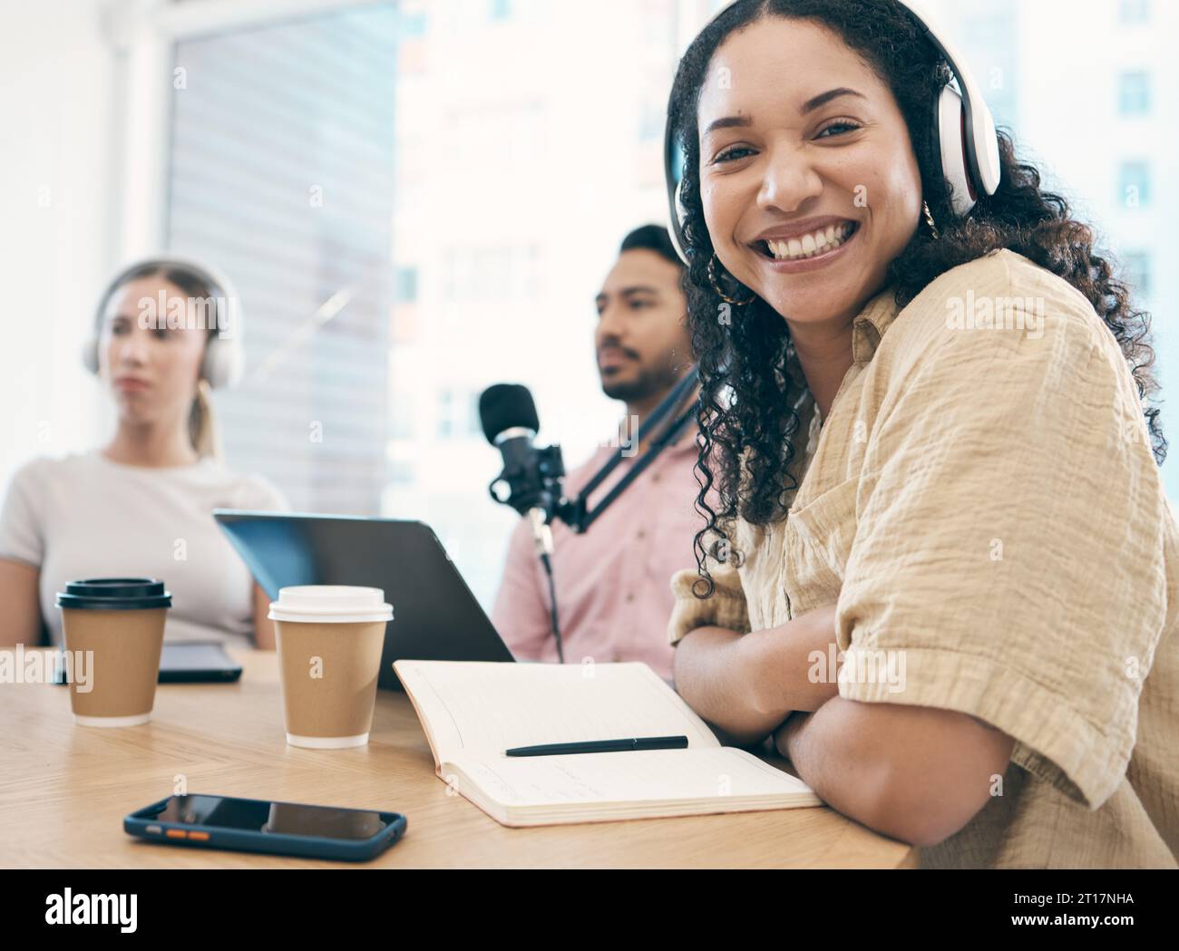 Communication group, podcast portrait and happy woman, speaker or audio presenter pride in talk ...