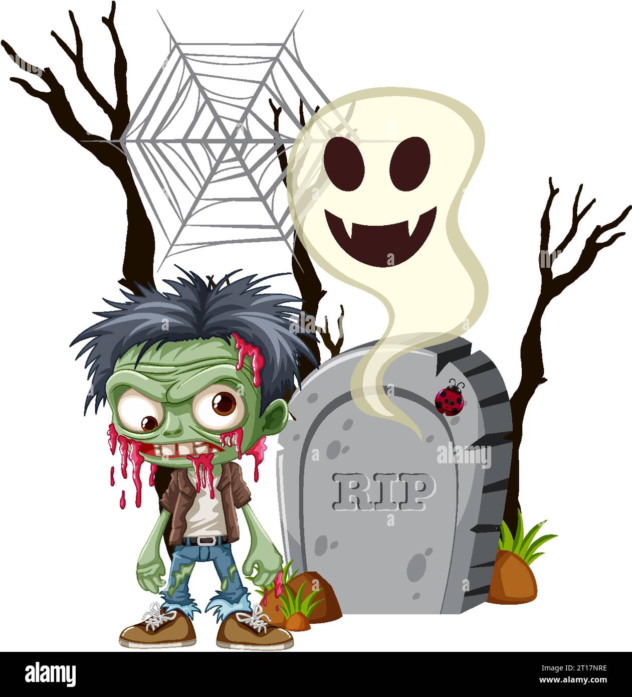 A vector cartoon illustration of a zombie standing in front of a ...