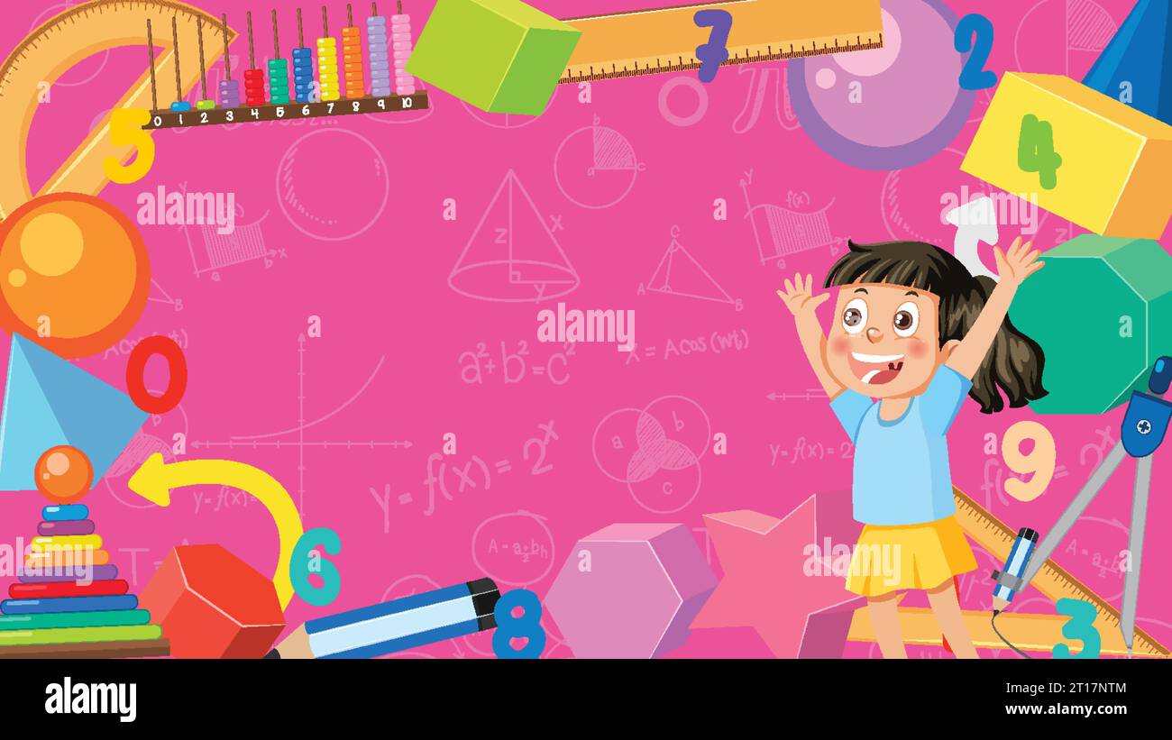 Cheerful Cartoon Girl on Math-Themed Pink Background illustration Stock ...