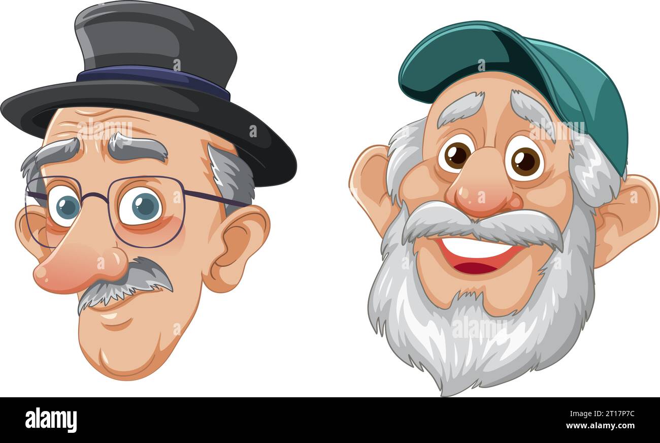 Vector cartoon illustration of an old man with a collection of headwear ...