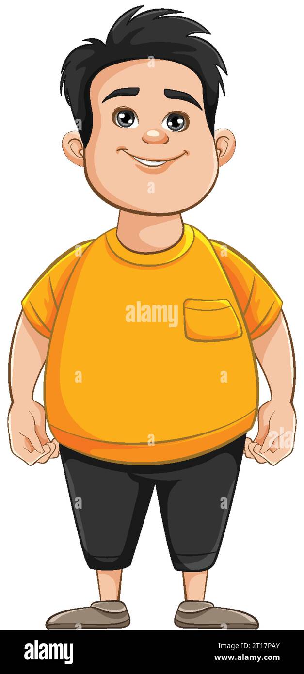 A cheerful cartoon illustration of a chubby teen man wearing a t-shirt ...
