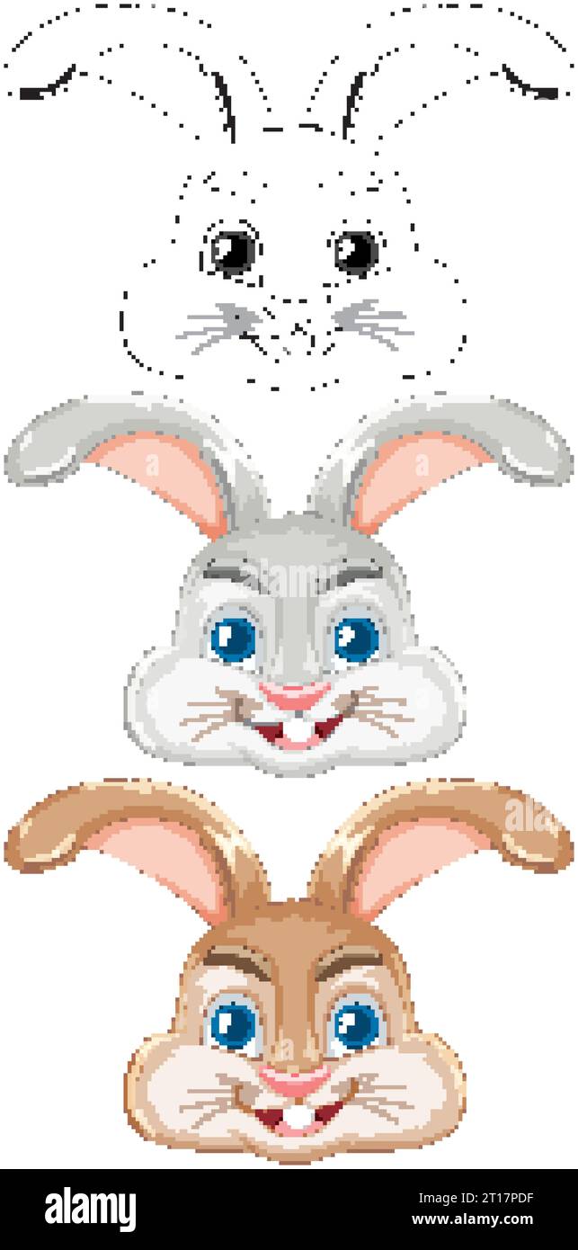 Three cartoon rabbits with long ears and cute expressions are outlined ...