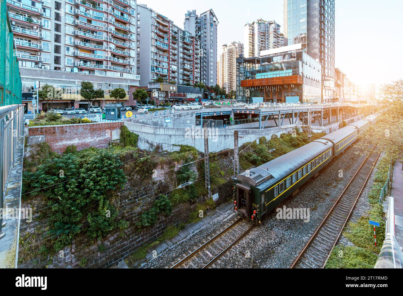The buildings and old-fashioned trains in the old city area, the urban ...
