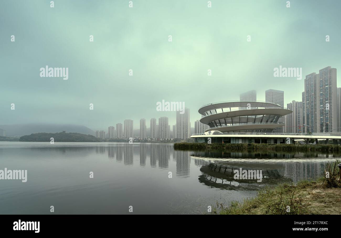 High-rise buildings and spiral observation deck at Meixi Lake, Changsha ...