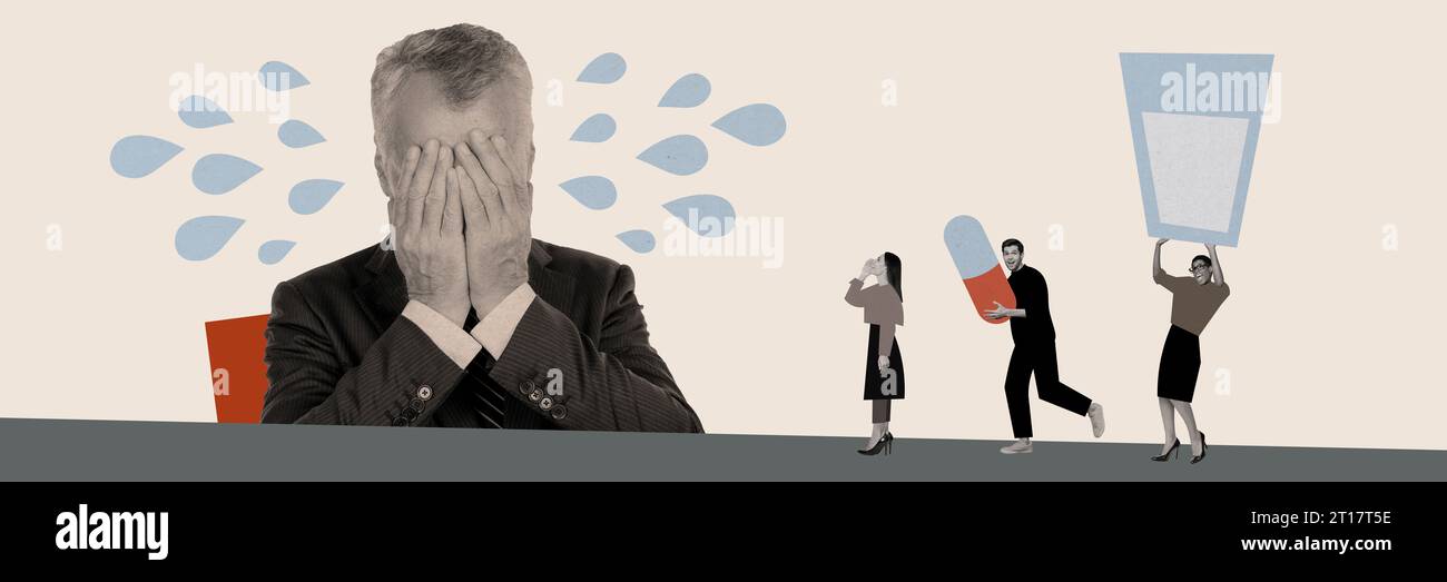 Image sketch collage of sad disappointed man hands cover face cry ...