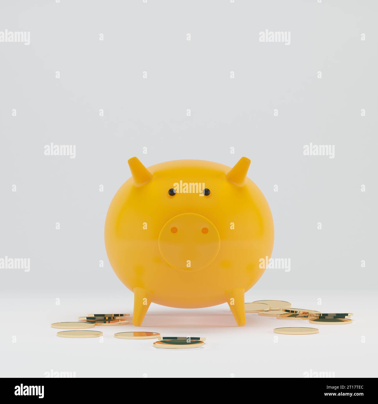 Yellow pig piggy bank with a set of gold coins, front view, 3D render ...
