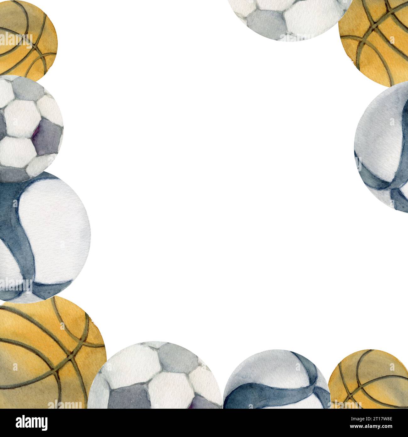 Hand drawn watercolor sports equipment, basketball volleyball soccer ...