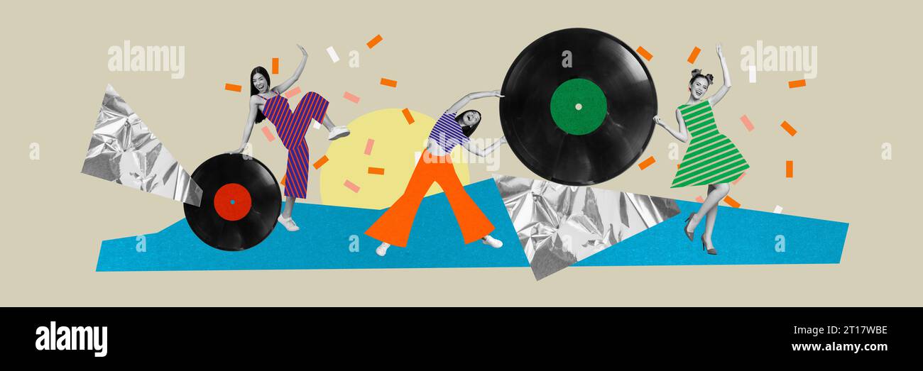 Collage artwork graphics picture of carefree funky ladies having retro ...