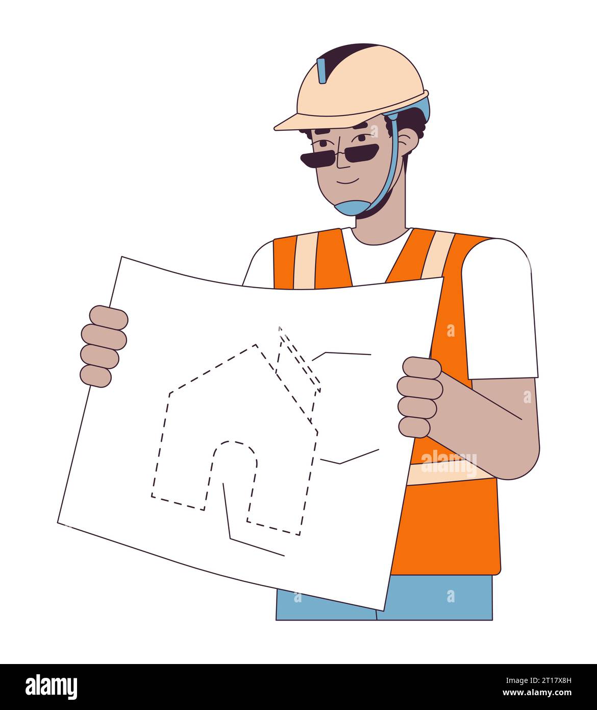 Black man contractor with blueprint 2D linear cartoon character Stock ...