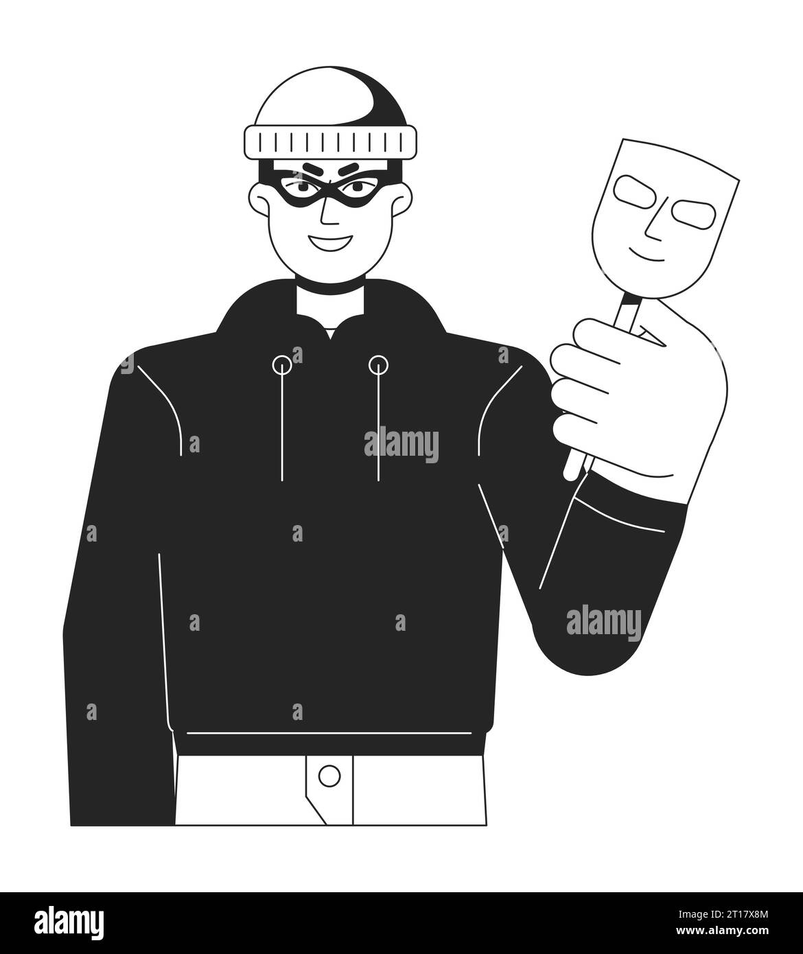 Man stealing personal information flat line black white vector ...
