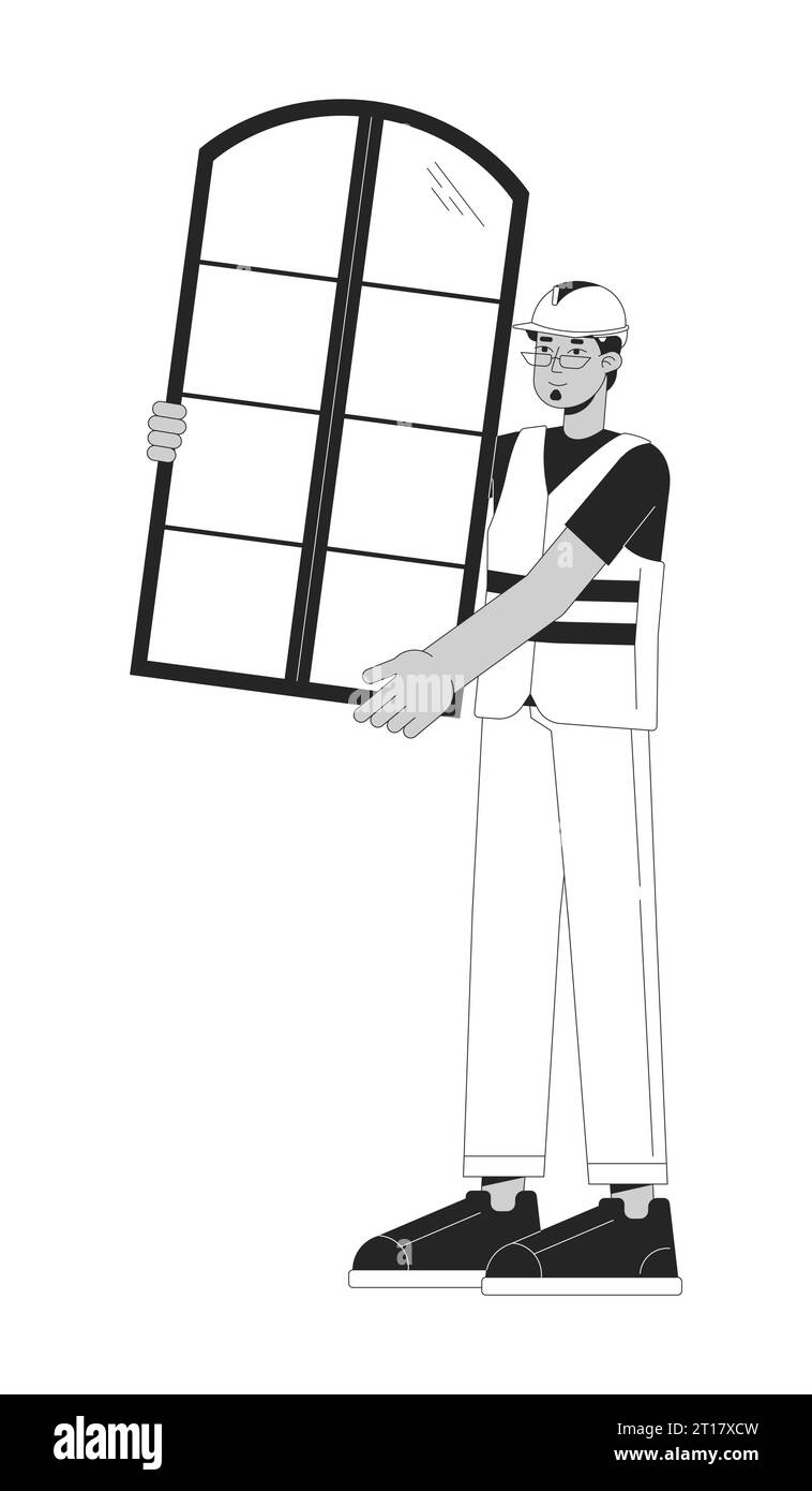 Middle eastern male labourer carrying window black and white 2D line ...
