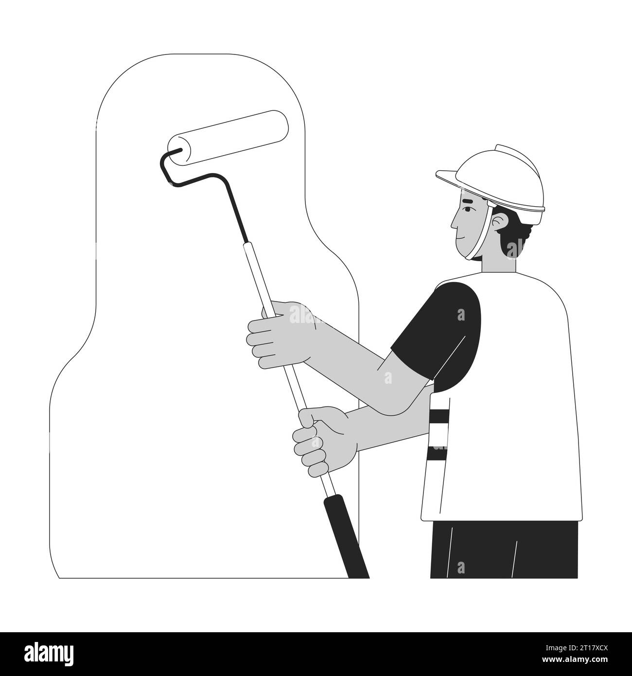Hispanic construction worker painting walls black and white 2D line ...