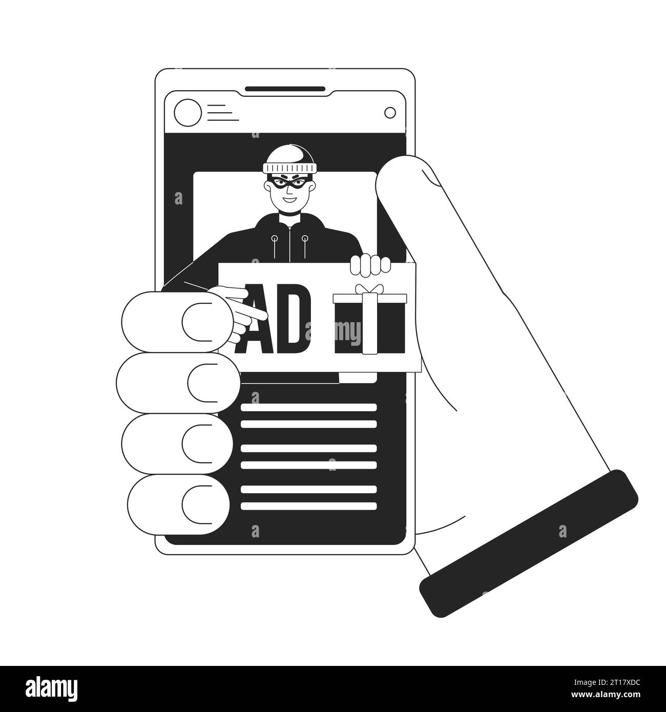 Advertising fraud on smartphone bw concept vector spot illustration ...