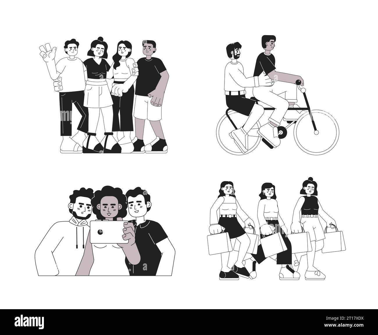 Friends Activities Monochromatic Flat Vector Characters Set Stock