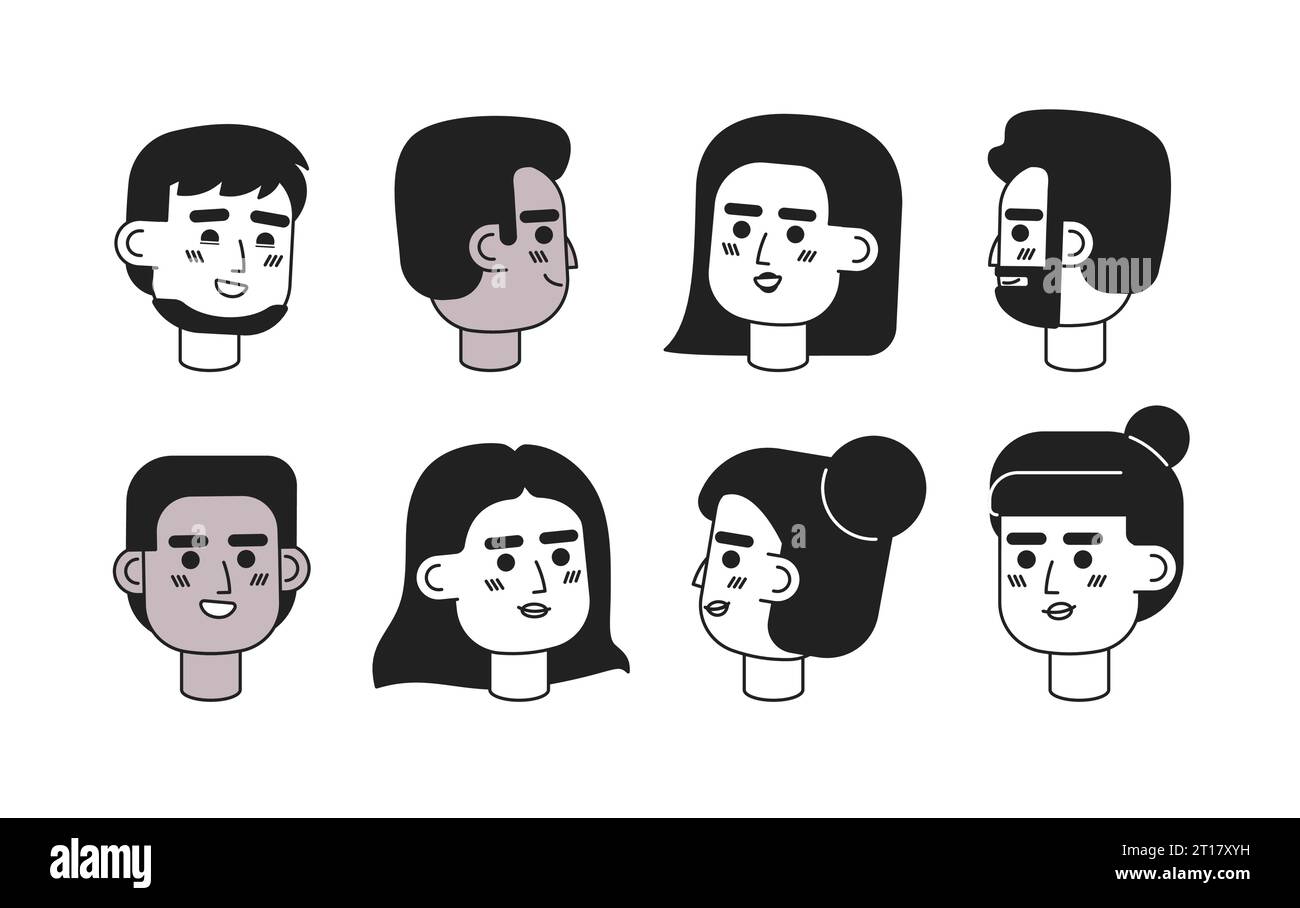 Multicultural people happy black and white 2D vector avatars ...