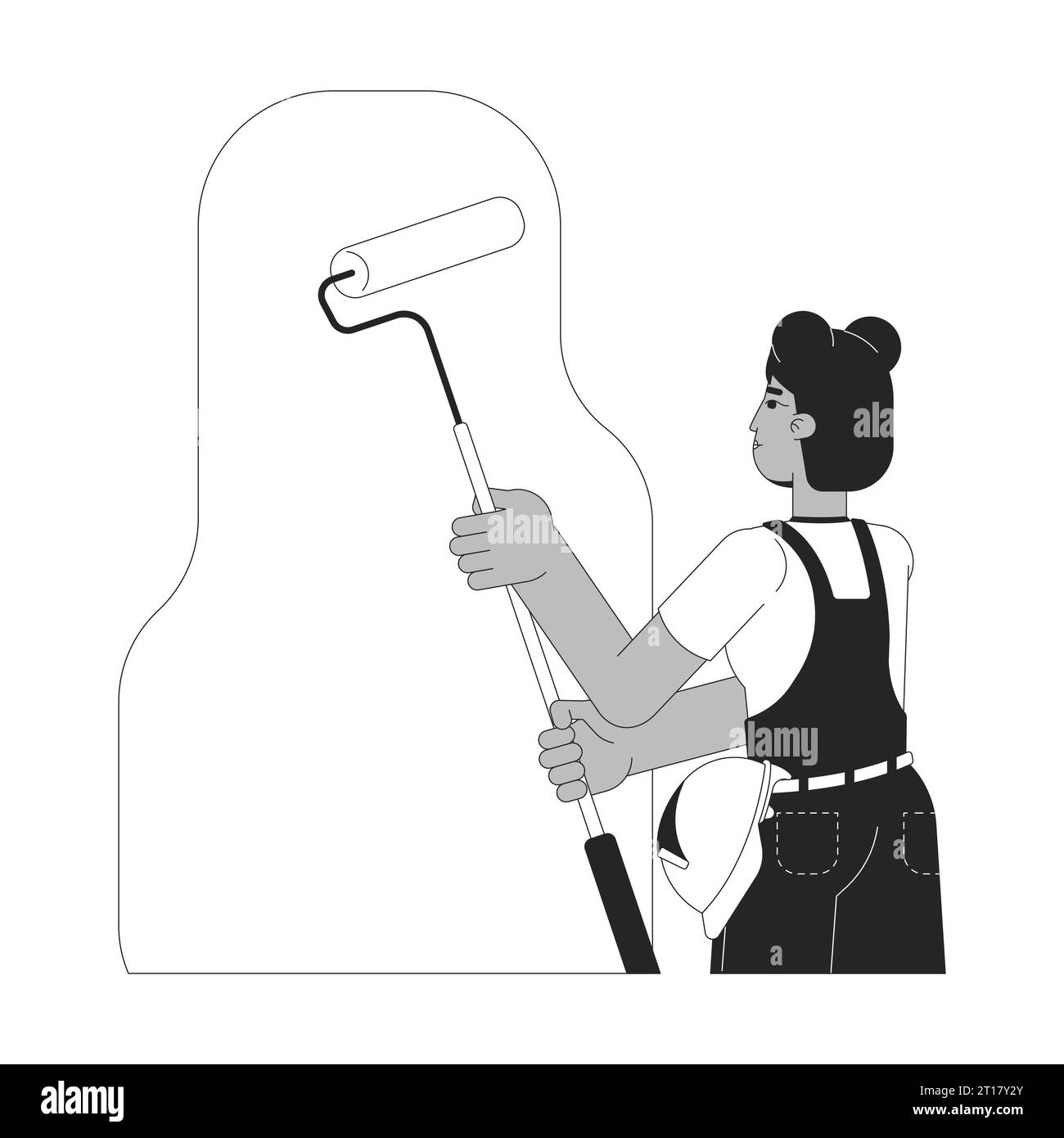 African american female painter painting walls black and white 2D line ...