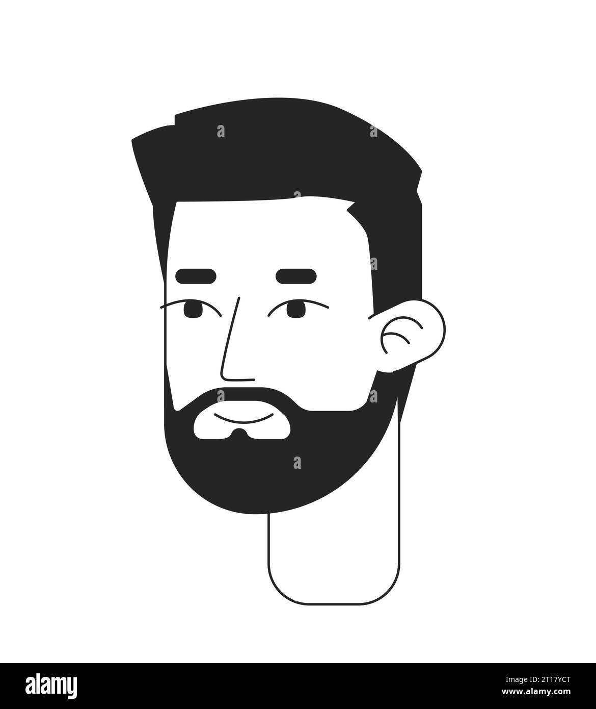 European rugged worker with short boxed beard black and white 2D line cartoon character head ...