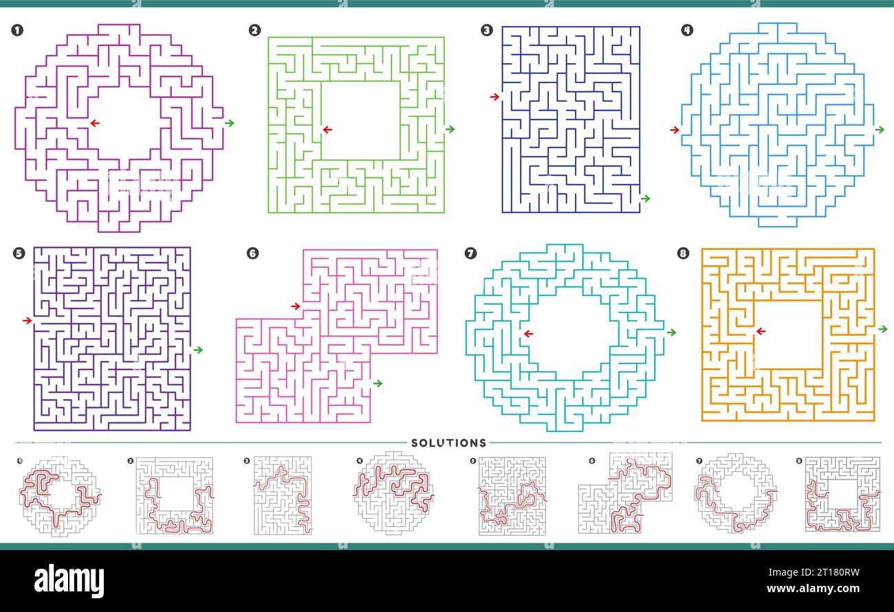 Illustration of maze puzzle activities graphs set with solutions Stock ...