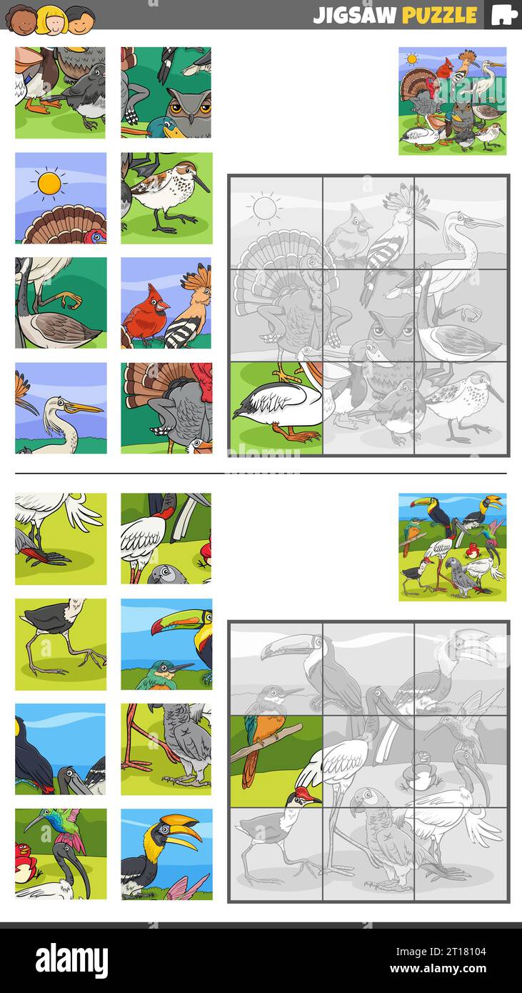 Cartoon illustration of educational jigsaw puzzle activities set with ...