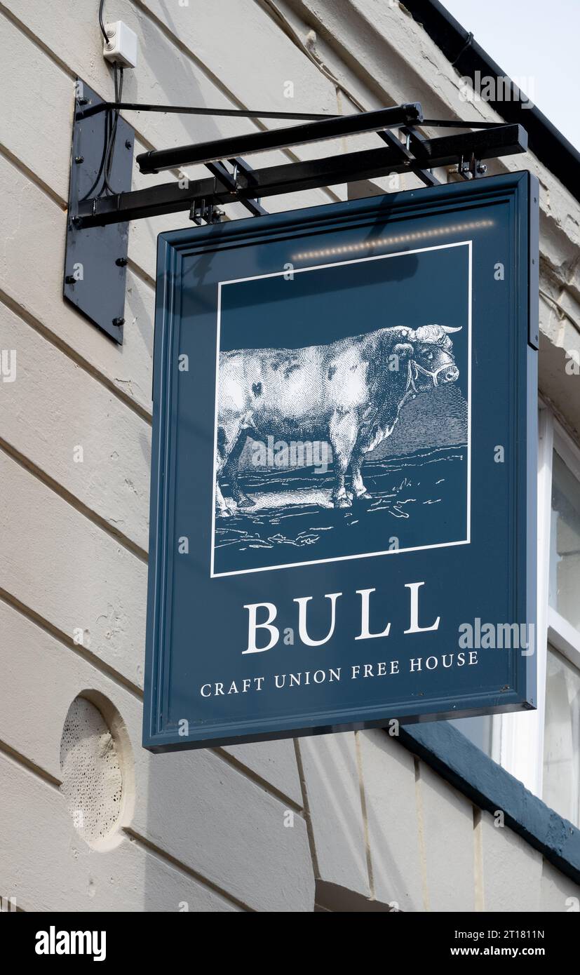 The Bull pub sign, Rugby, Warwickshire, England, UK Stock Photo - Alamy