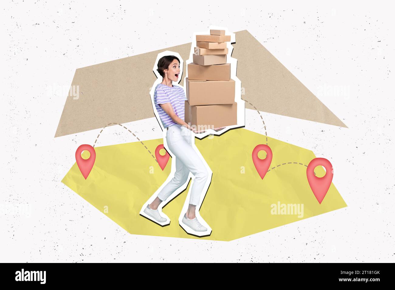 Collage picture of astonished girl arms hold carry pile stack shipment ...
