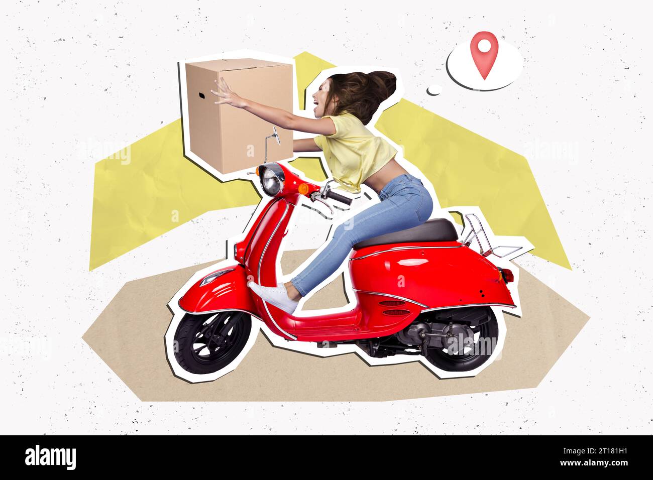 Artwork collage picture of excited girl drive scooter arms hold carton ...