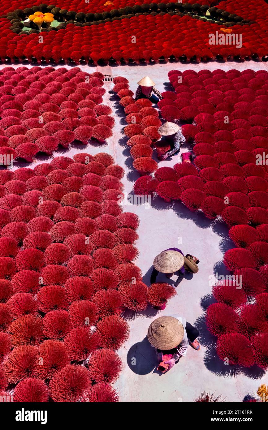 Workers drying incense in the Quang Phu Cau incense village, Hanoi ...