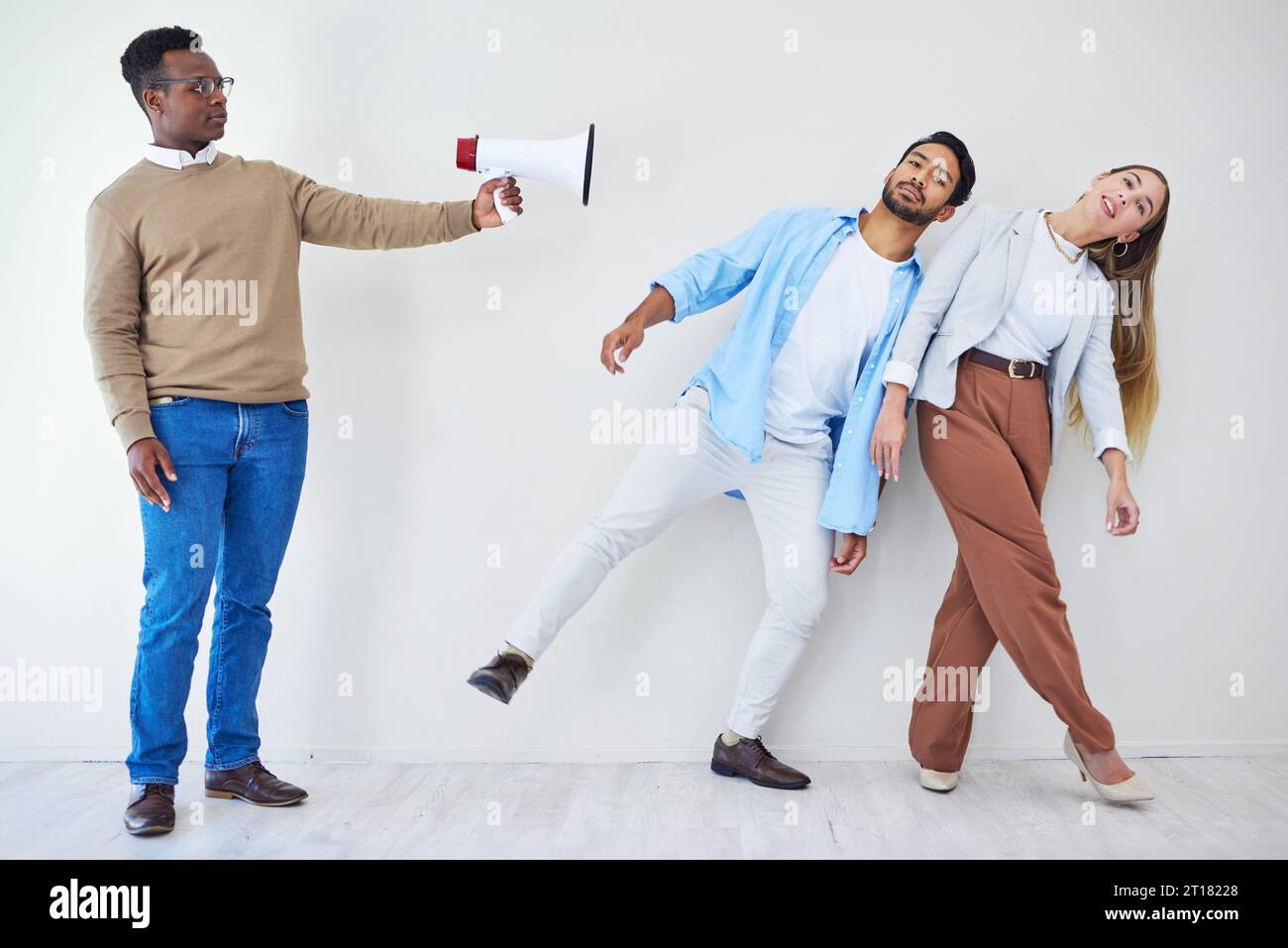Megaphone, announcement and people in studio to listen to a broadcast ...