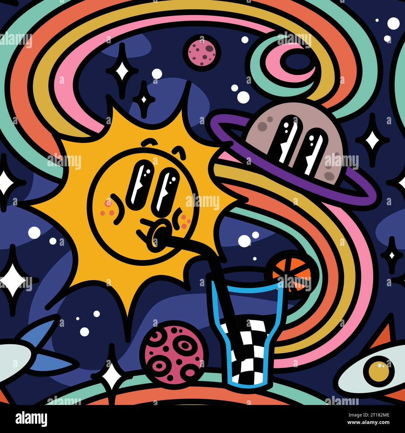 Retro trendy 90s cartoon style pattern. Naive playful Space print ...