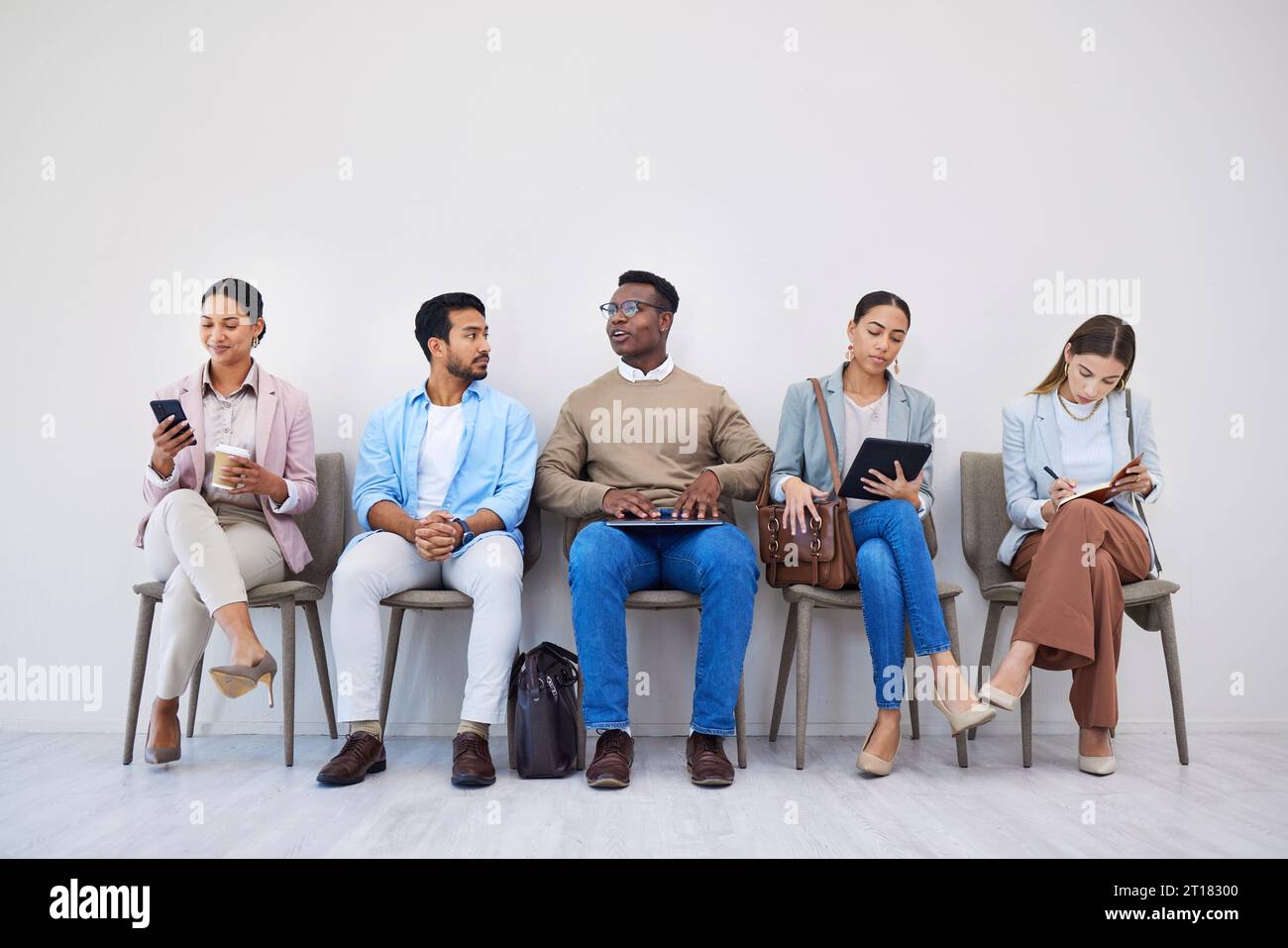 Job interview, recruitment and waiting room with business people ...
