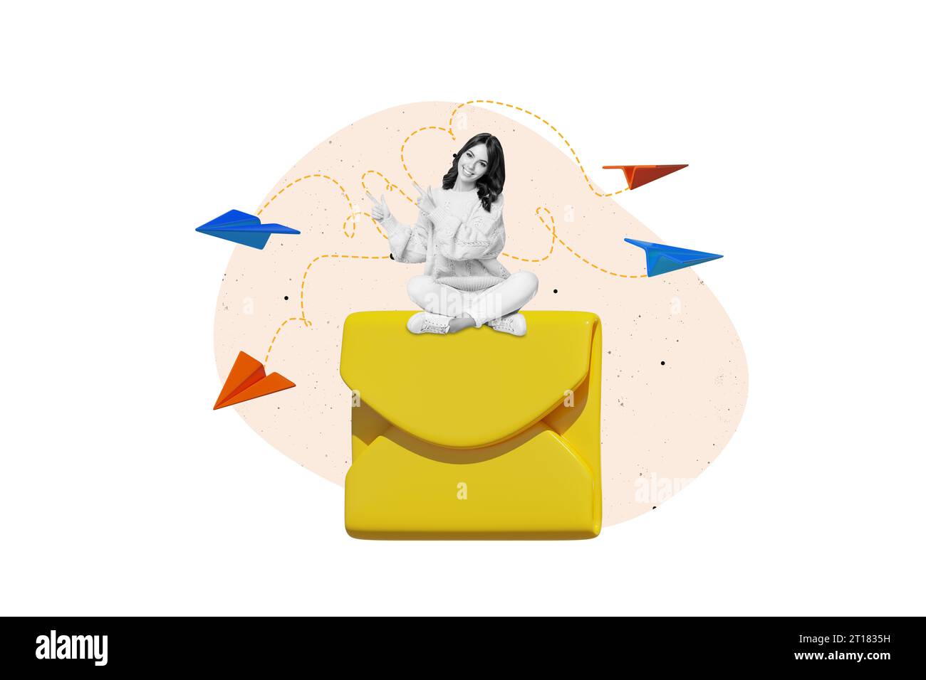 Artwork collage picture of happy girl sending writing email letter ...