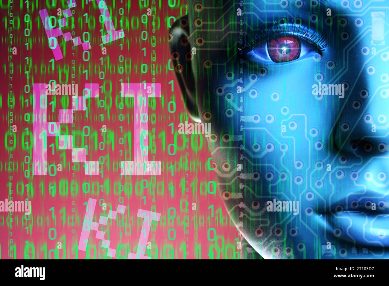 FOTOMONTAGE, Künstliche Frauenfigur mit Computercode und Aufschrift KI ...