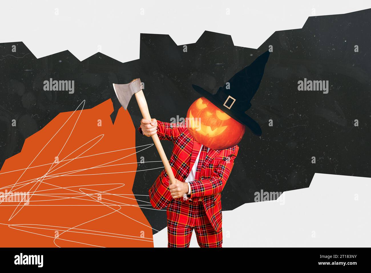 Collage 3d pinup pop retro sketch image of pumpkin head lumberjack ...