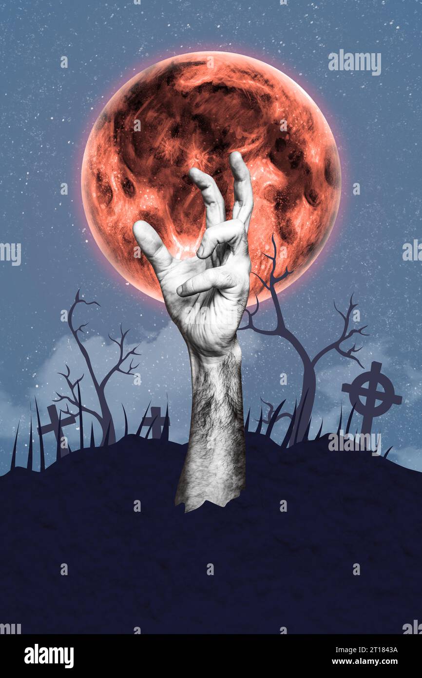 Vertical collage picture of undead zombie arm stick ground graveyard ...