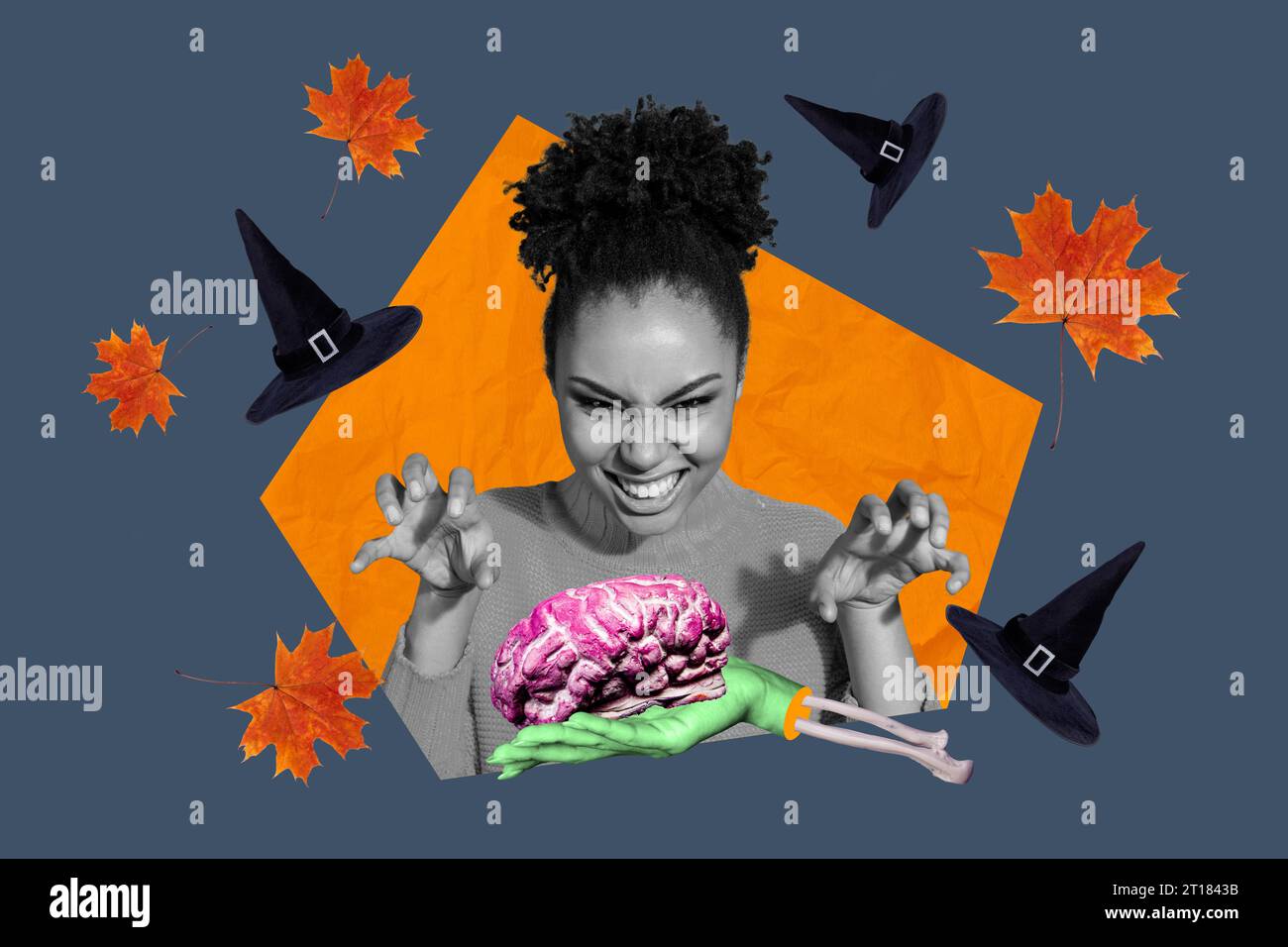 Artwork collage of mysterious conjurer black white colors girl hands ...