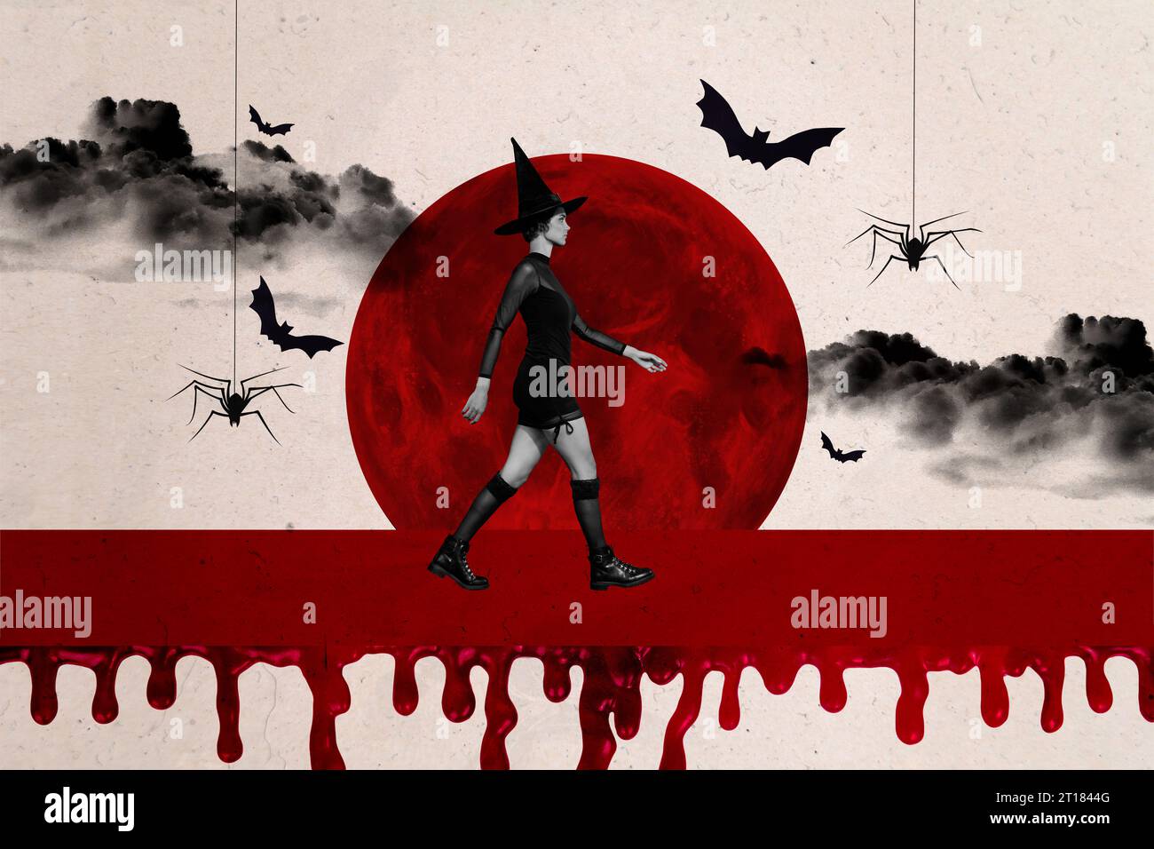 Collage photo banner of young girl witch walking red moon vampire ...