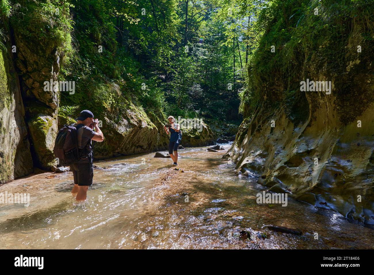 People hikers taking photos in a river through a beautiful gorge Stock ...
