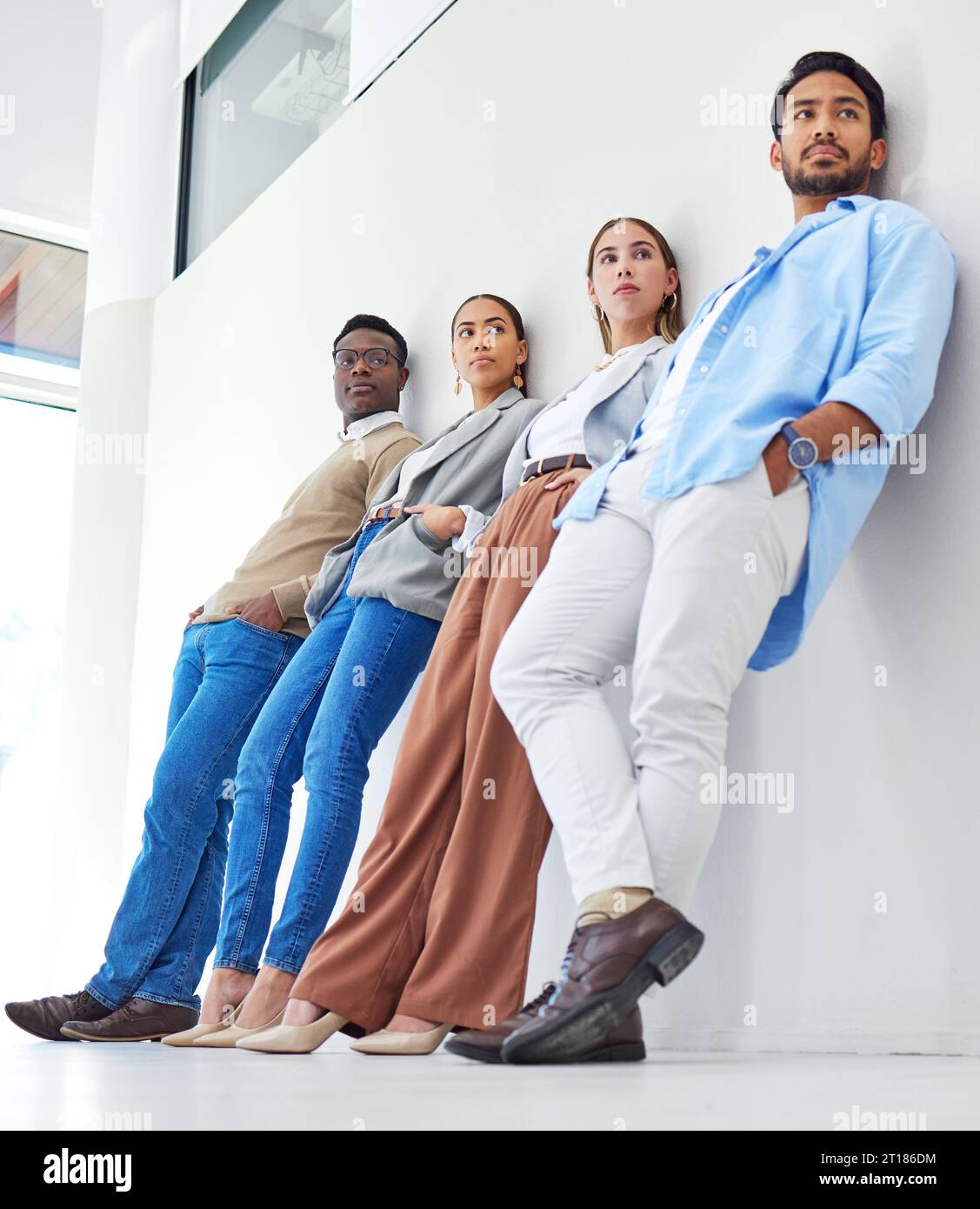 Waiting room, staff and business people with thinking and hiring ...