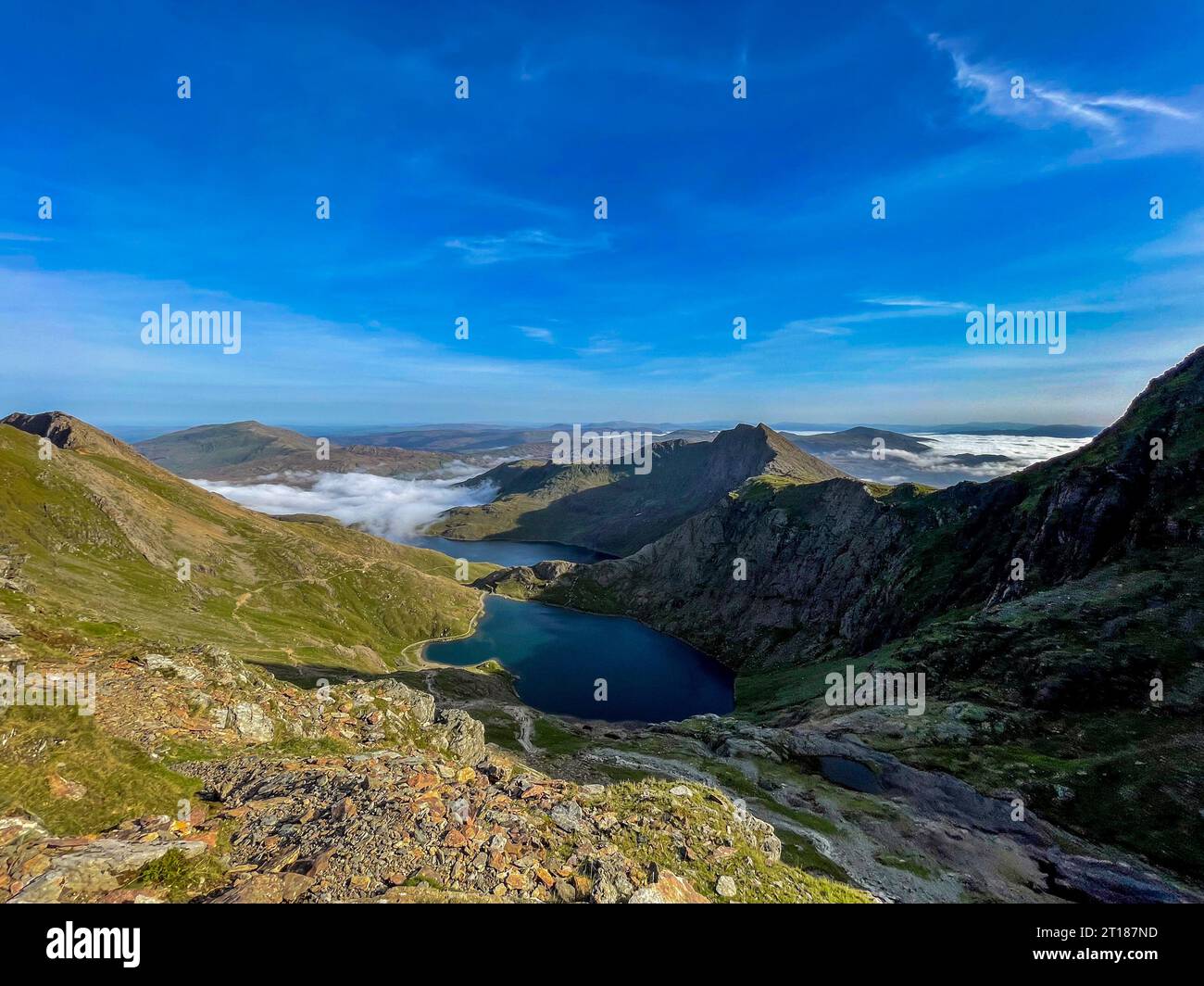 Low cloud above lakes Glaslyn and Llyn Llydaw seen from the Pyg Track ...