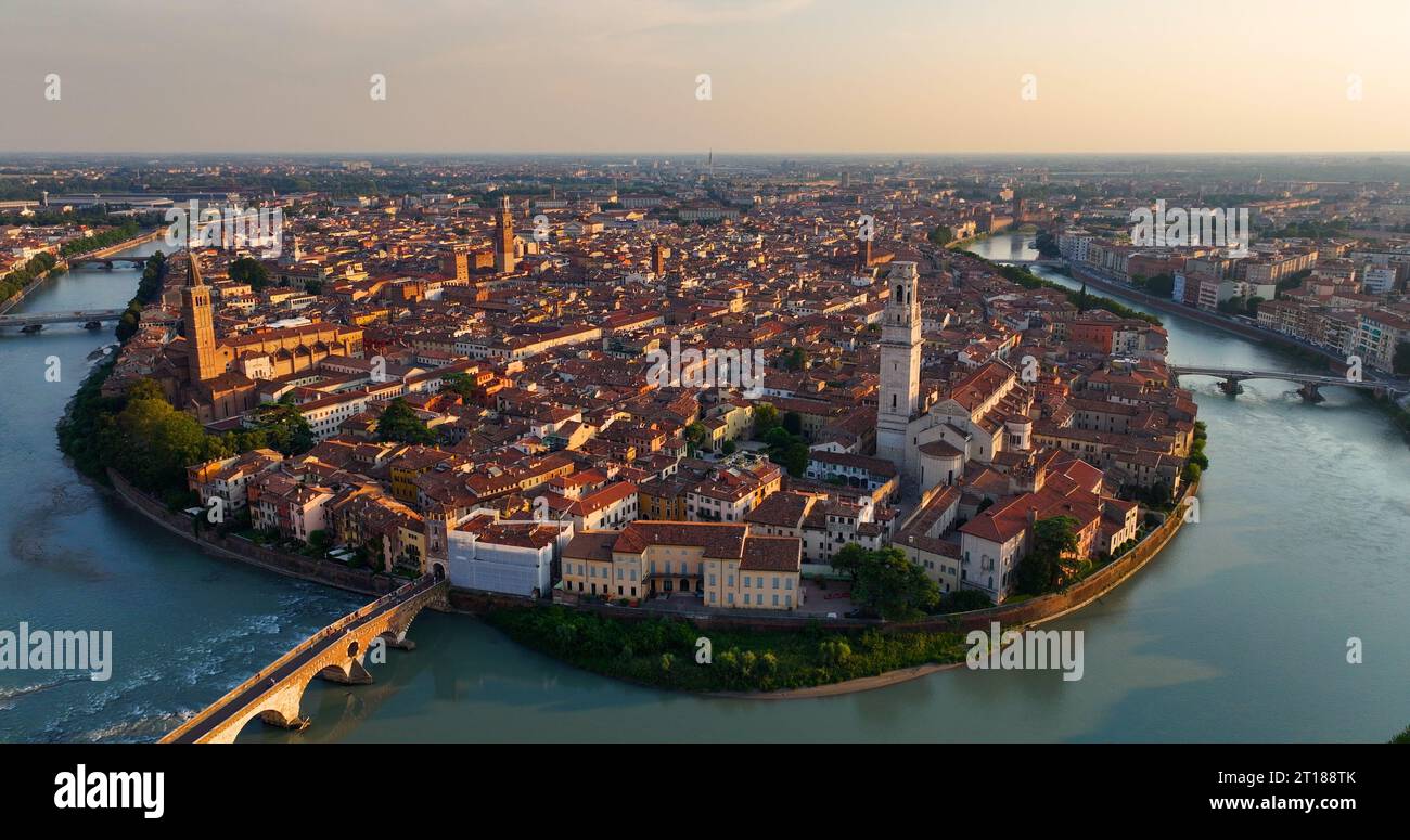 Aerial Panorama of Verona, Italy, Ponte Pietra Over Adige river ...
