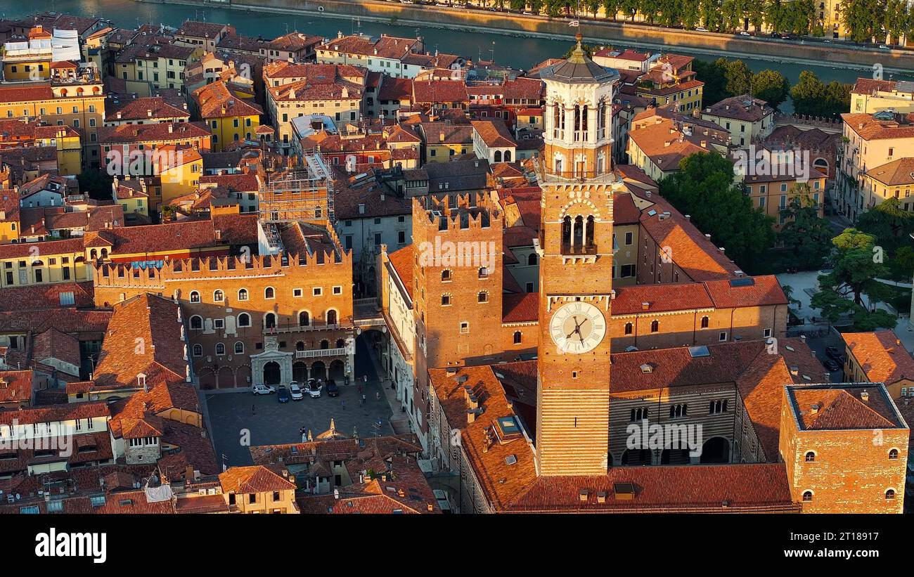 Verona urban skyline, aerial view of Piazza delle Erbe, Torre dei ...