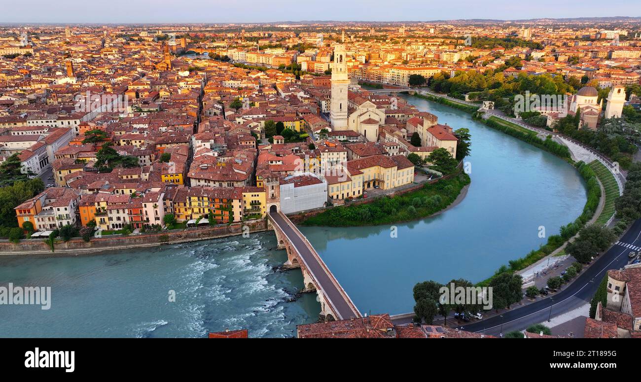 Aerial view of Verona, Italy, Ponte Pietra Over Adige river, Historic ...