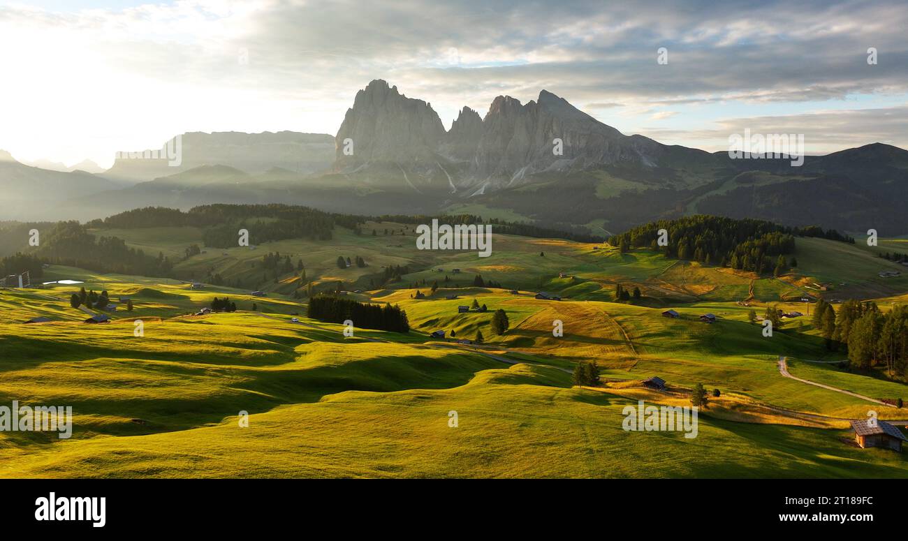 Aerial view of Cottages in the Dolomites mountains at Seiser Alm ...
