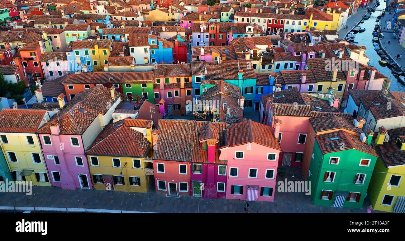 Aerial view of the colorful houses on Burano Island, in the province of ...