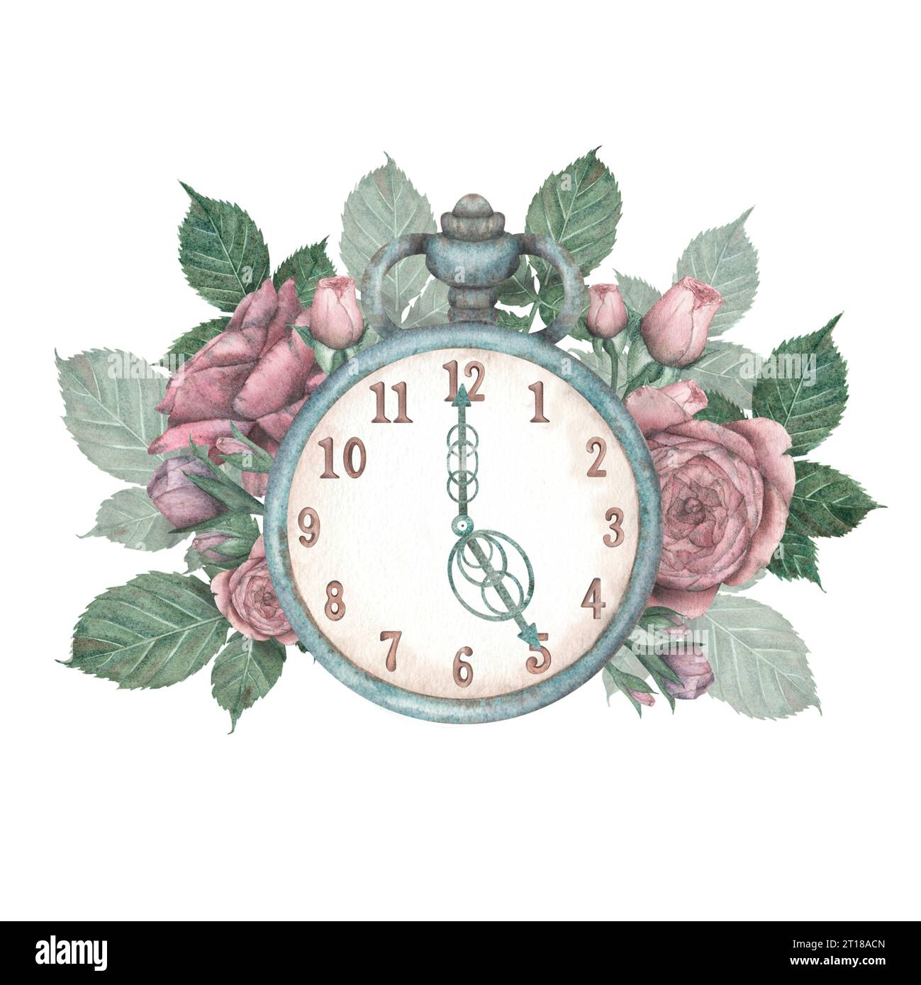 Vintage-style pocket watch in blue on the background of a bouquet of ...